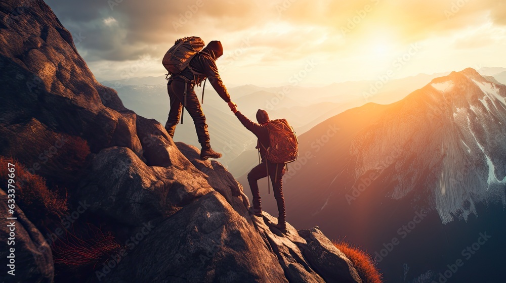 Helping Hand: Male and Female Hikers Climbing Up Mountain Cliff and ...