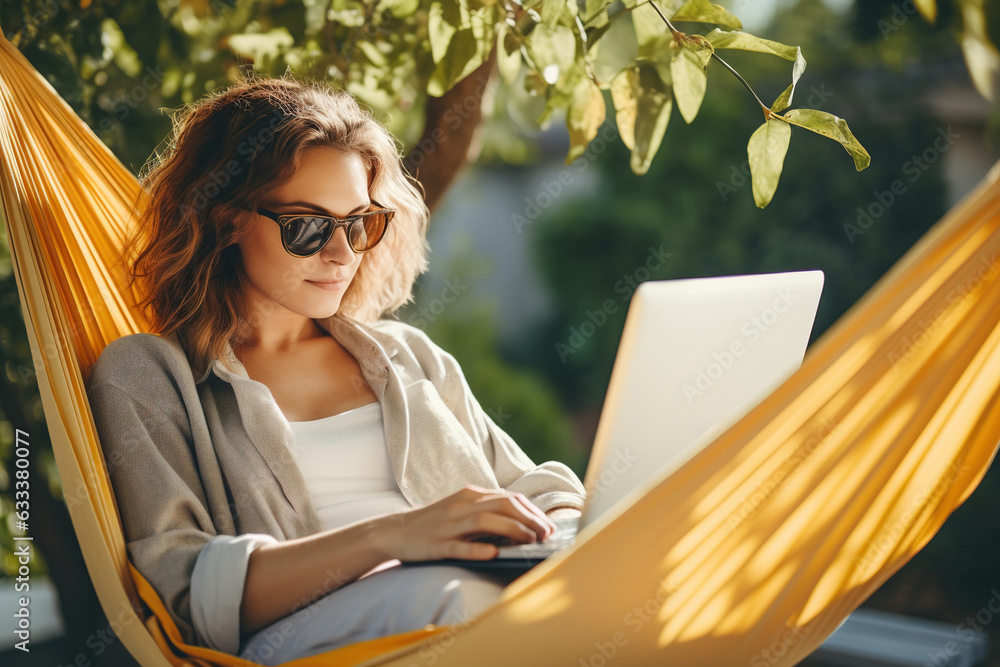 Foto de Woman using laptop outdoor. Young beautiful girl in a hammock ...