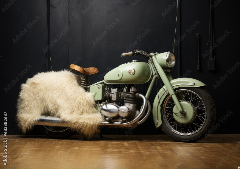 Motorcycle on Fur Rug in Midcentury Modern Style with Maternity ...