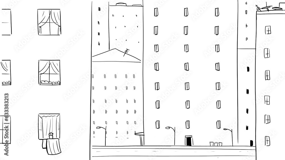 Urbanization, high buildings and empty streets line drawing Stock ...
