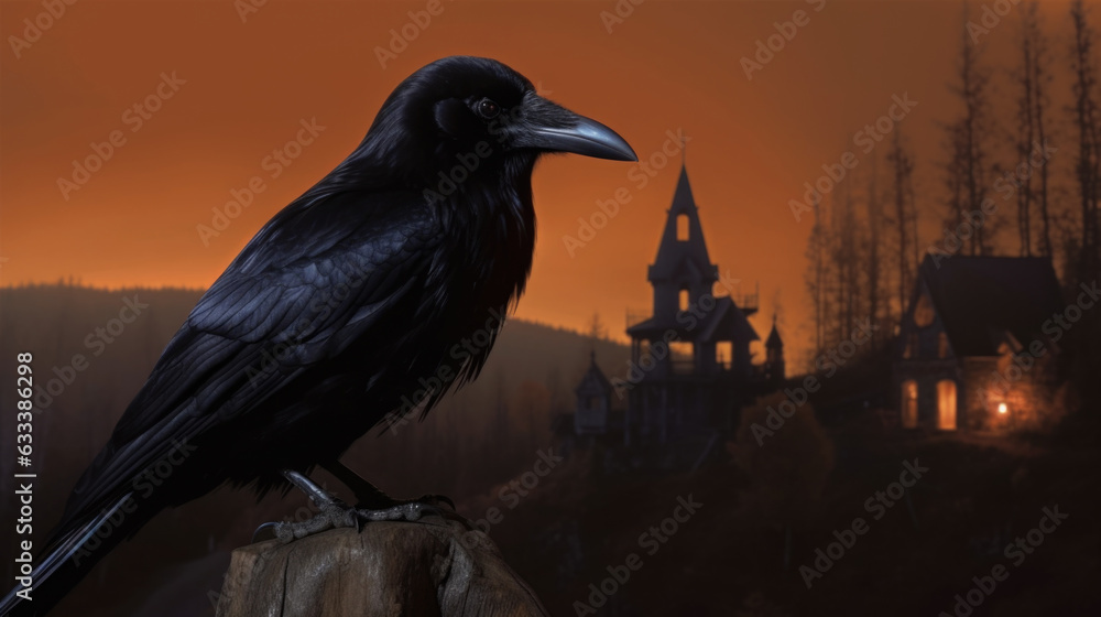 Fantasy black crow in magical night near mysterious horror house with ...