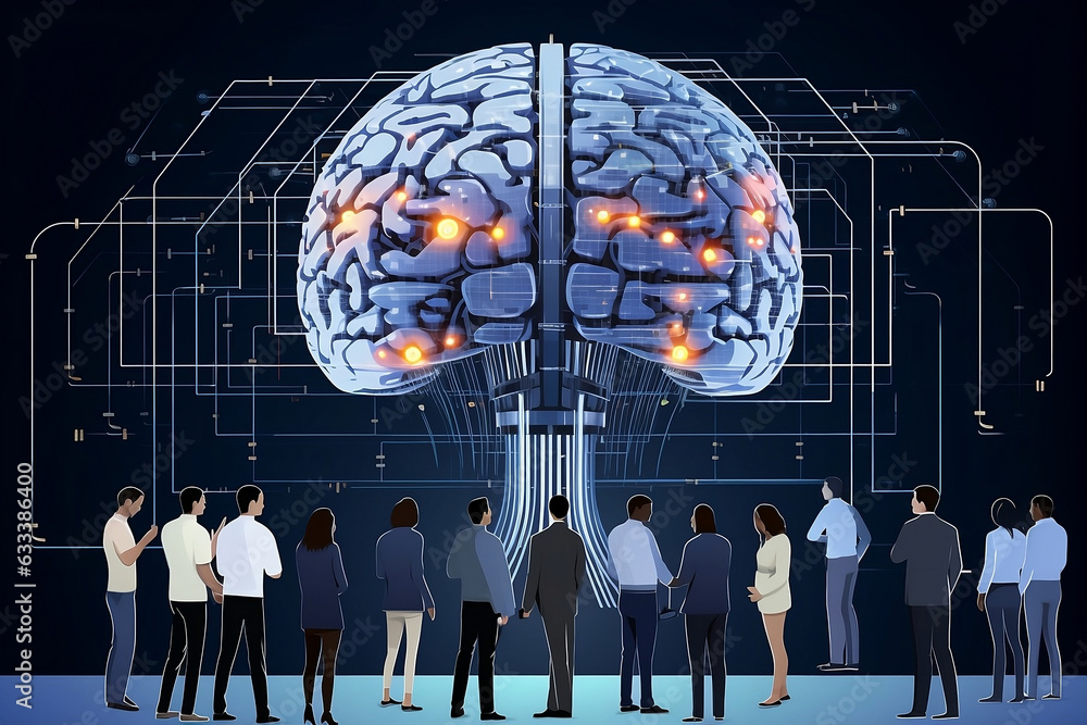 Humans vs Robots. People looking at gigant human brain with AI details ...