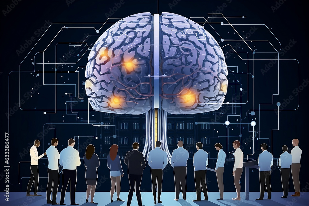 Humans vs Robots. People looking at gigant human brain with AI details ...