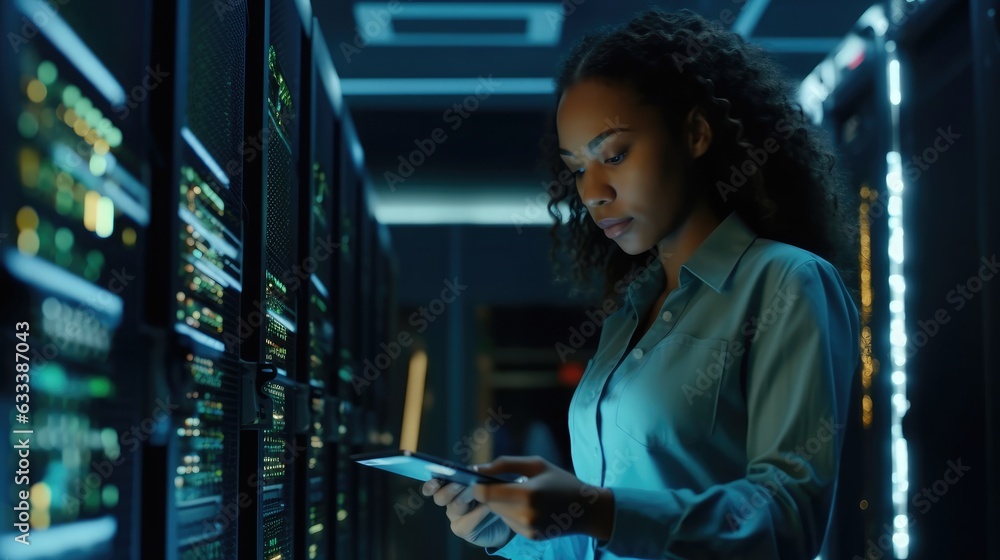 Foto de Female Data Center IT Specialist Using Tablet Computer, Turning ...
