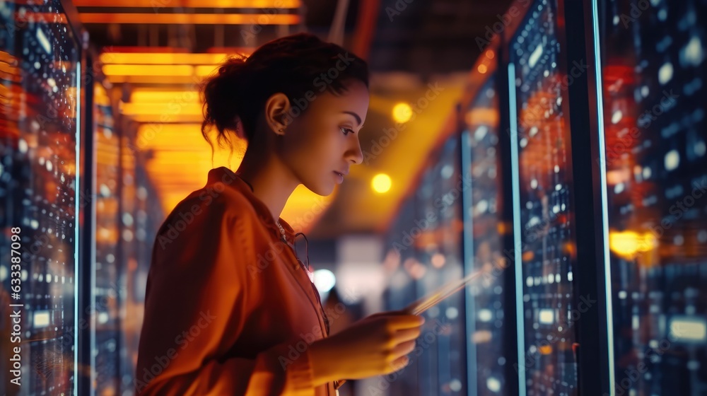 Female Data Center IT Specialist Using Tablet Computer, Turning ...