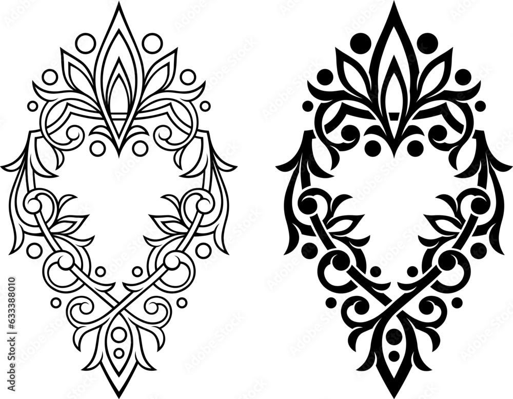 Heraldic shield ornament. Line and silhouette design of shield with ...