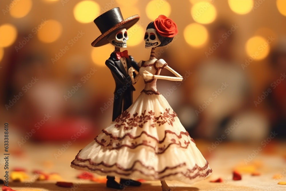 Skeleton couple dancing in traditional attire, Day of the Dead, symbols ...