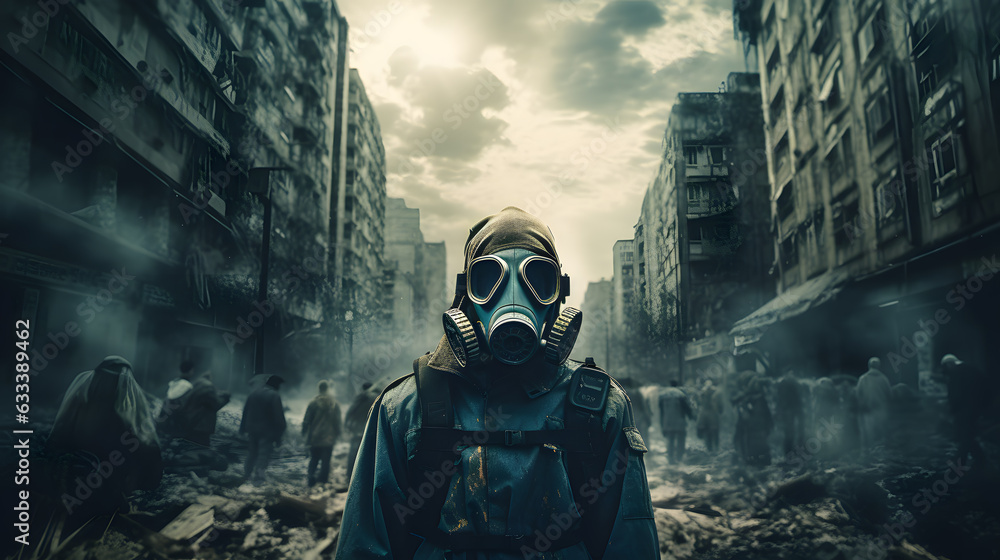 Person with a gas mask standing in a destroyed city in an apocalyptic ...