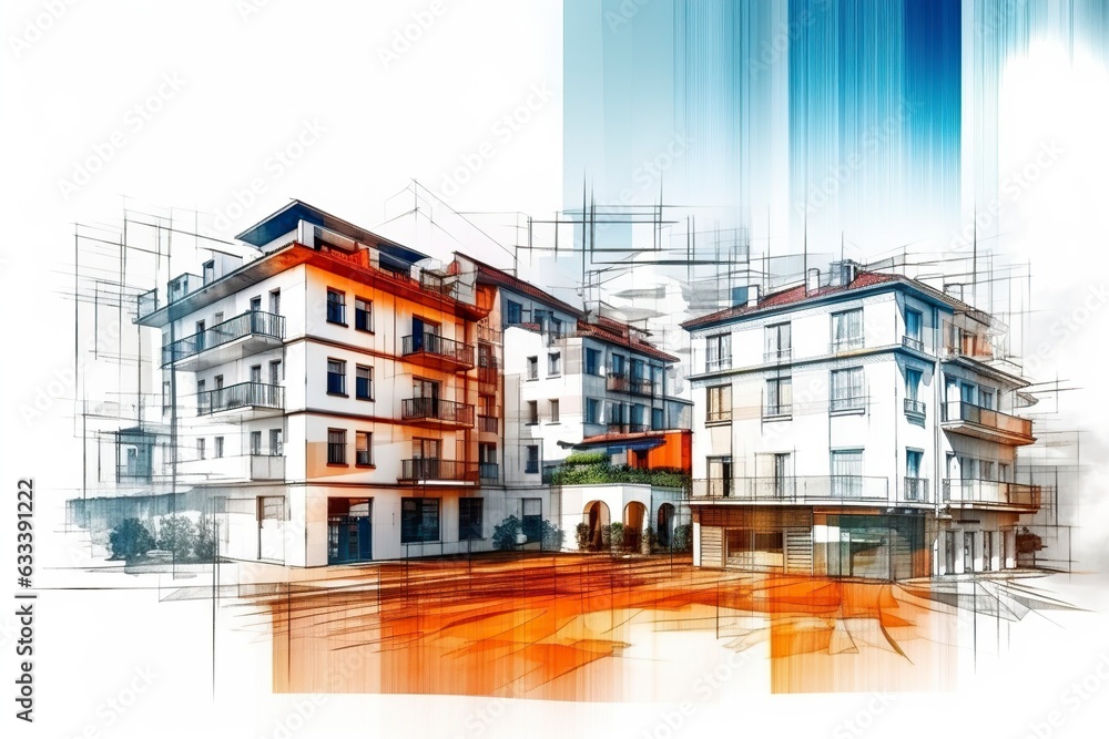 Sketch of a small residential building, in pencil and with ...