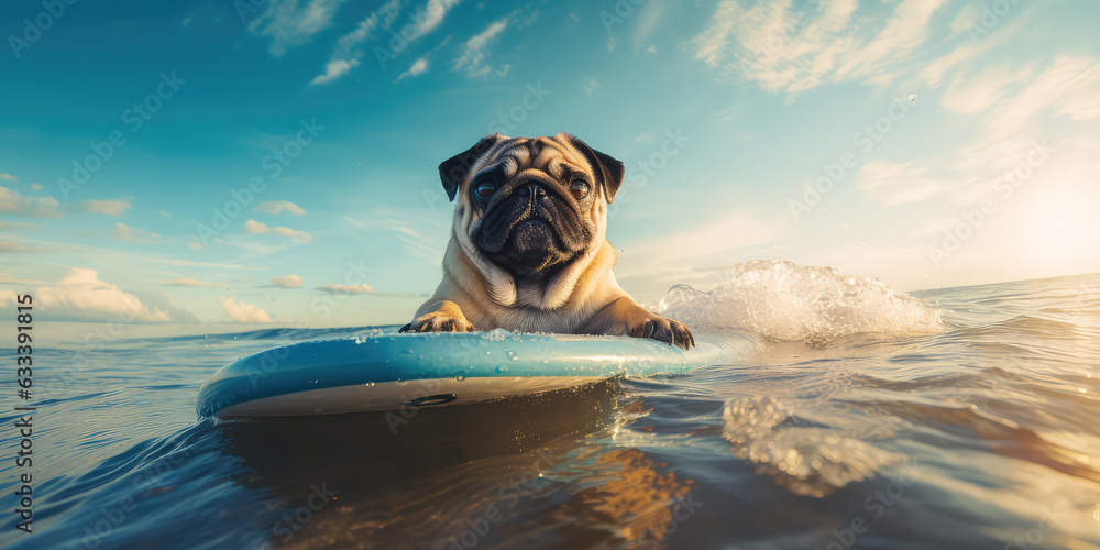 Foto de A funny pug lying on a surfboard in sea water. Creative ...