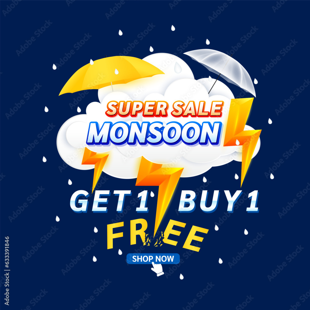 Monsoon super sale. Get 1 Buy 1 Free with yellow thunder sign on clouds ...
