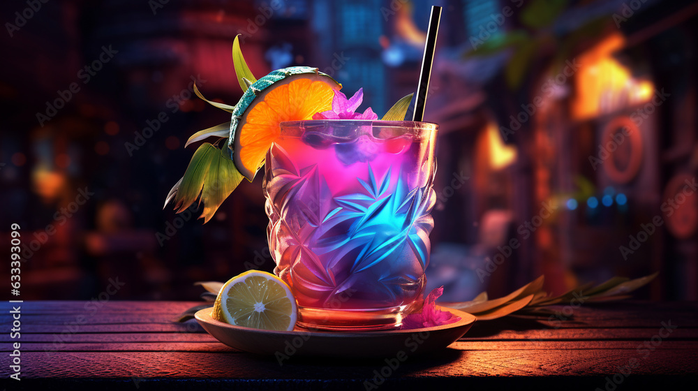 Colorful cocktails in a glass on the bar counter, neon lights on dark ...