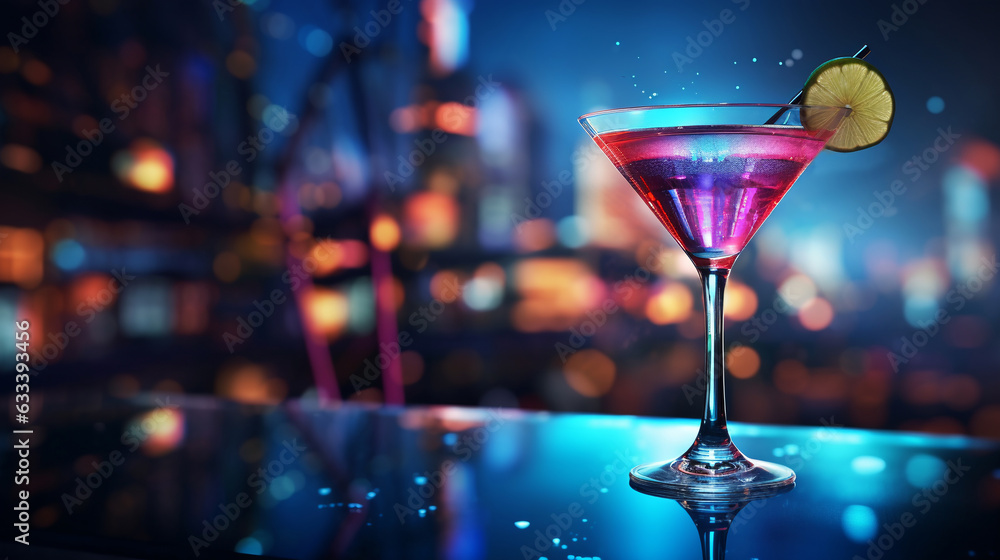 Colorful cocktails in a glass on the bar counter, neon lights on dark ...