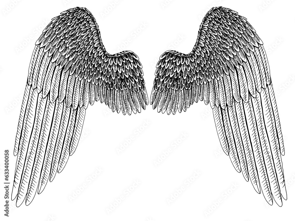 Vector hand drawn angel wings. Tattoo idea, engraving drawing style ...