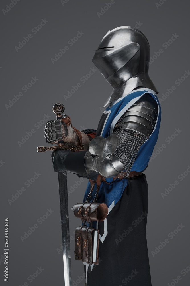 Medieval guard dressed in armor and blue surcoat holding a sword ...