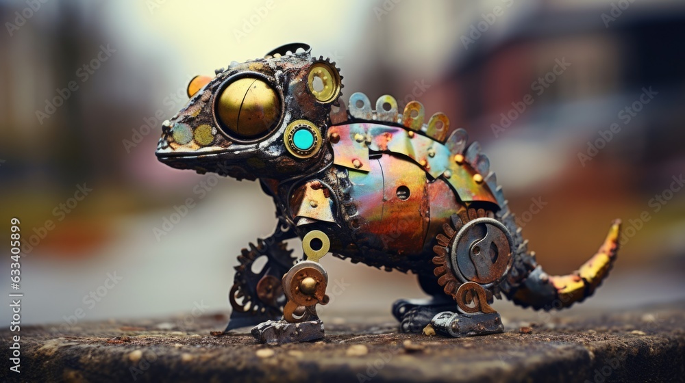 Steampunk chameleon lizard toy made from rusty metal cutout sheets ...