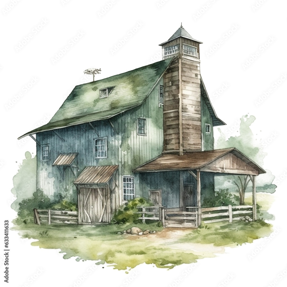 watercolour green barn , farm house, aesthetic, fantasy,unreal, clipart ...