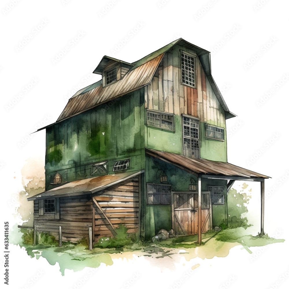 watercolour green barn , farm house, aesthetic, fantasy,unreal, clipart ...