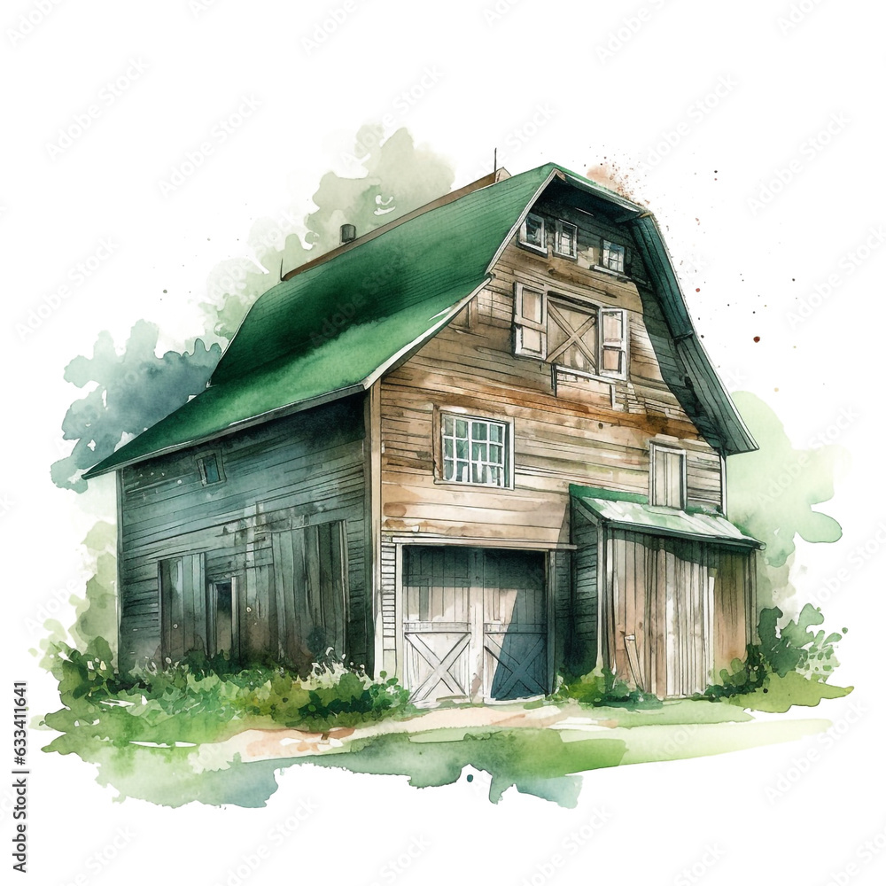 watercolour green barn , farm house, aesthetic, fantasy,unreal, clipart ...