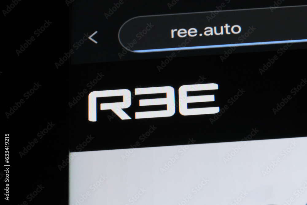 Shanghai,China-August 9th 2023: REE Automotive brand logo on official website. EV company Stock ...