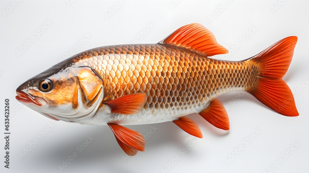 salmon fish isolated on white background with a shadow, gold-colored ...