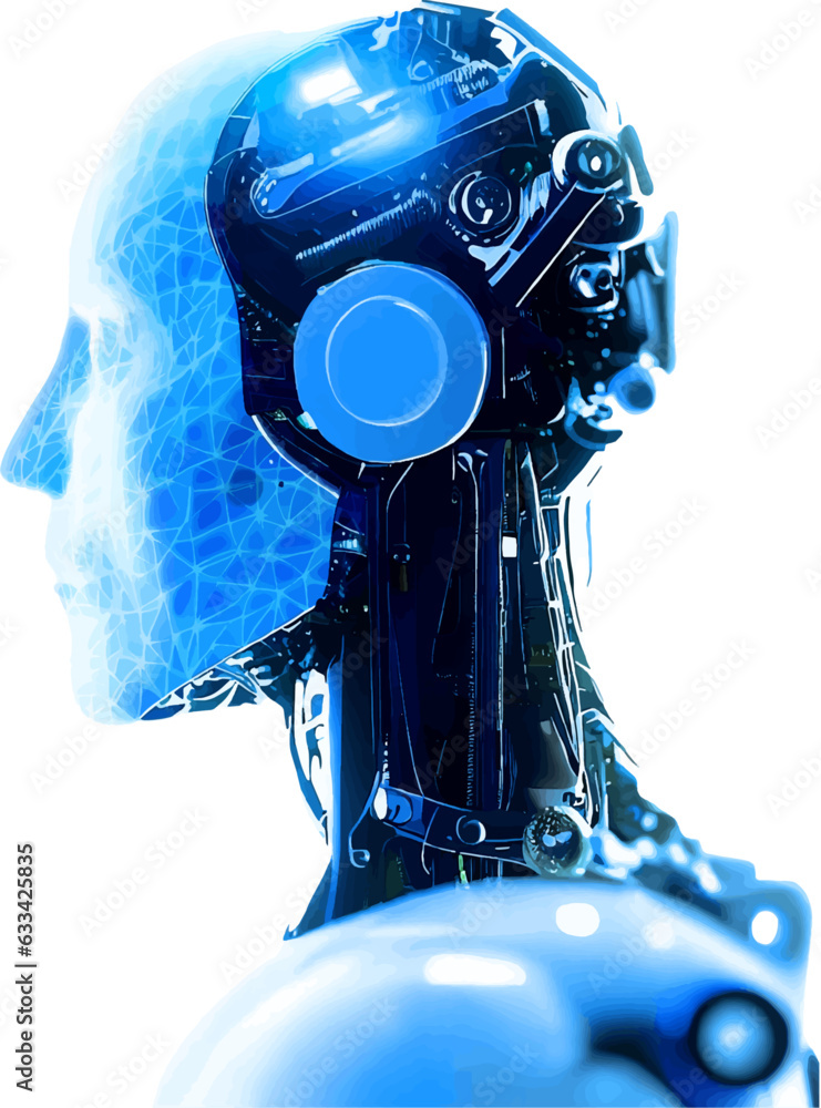 Robotics and AI in blue color, Robot face and Brain create by ...