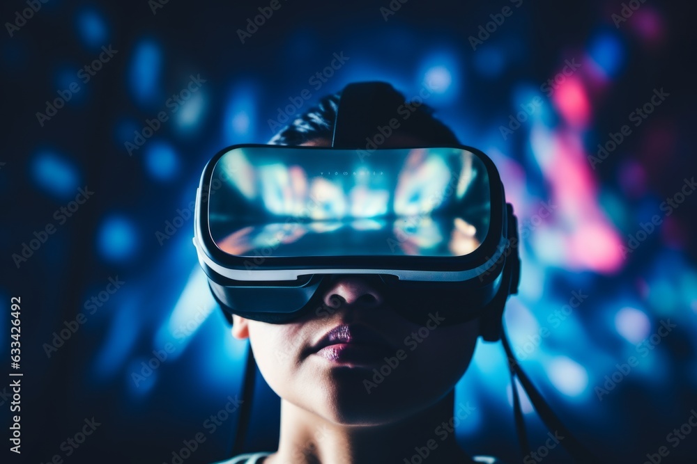 Young hispanic girl woman student use computer technology VR headset ...