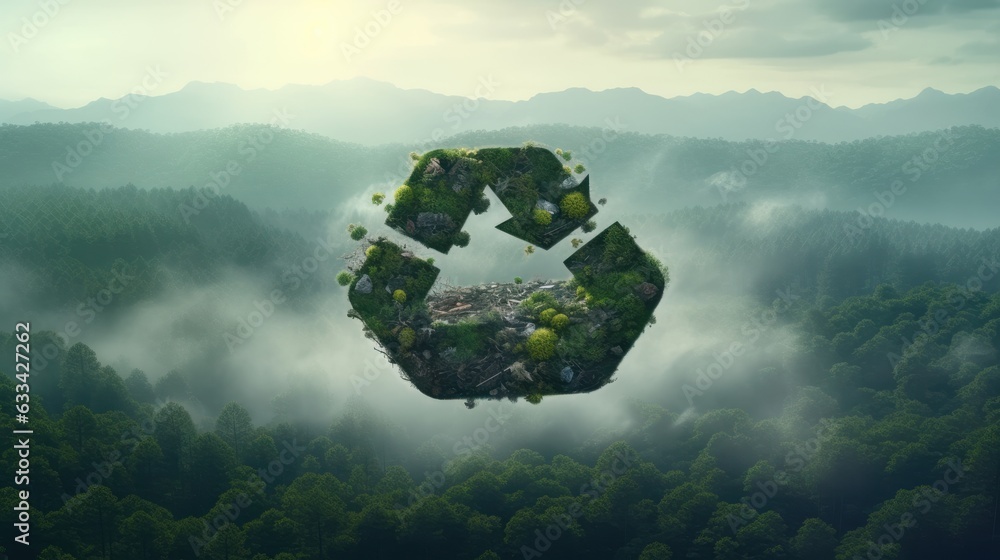 Recycling icon made of waste polluted grassy soil against the ...