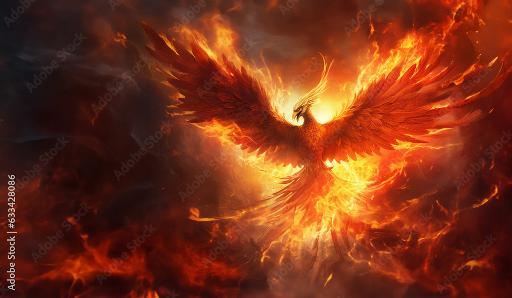Fiery phoenix bird in a dark fiery background. The phoenix has its ...