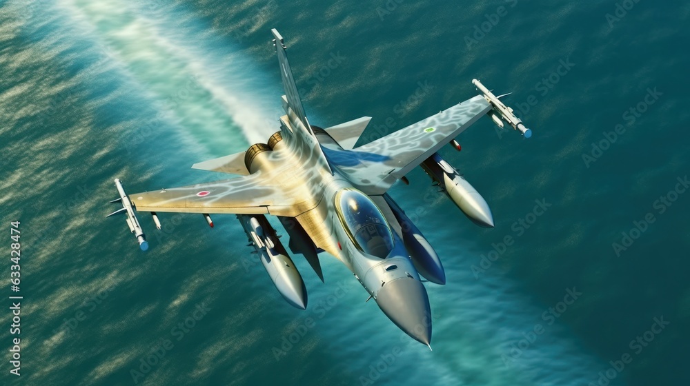 Top view of a military jet fighter flying over the sea at super low ...