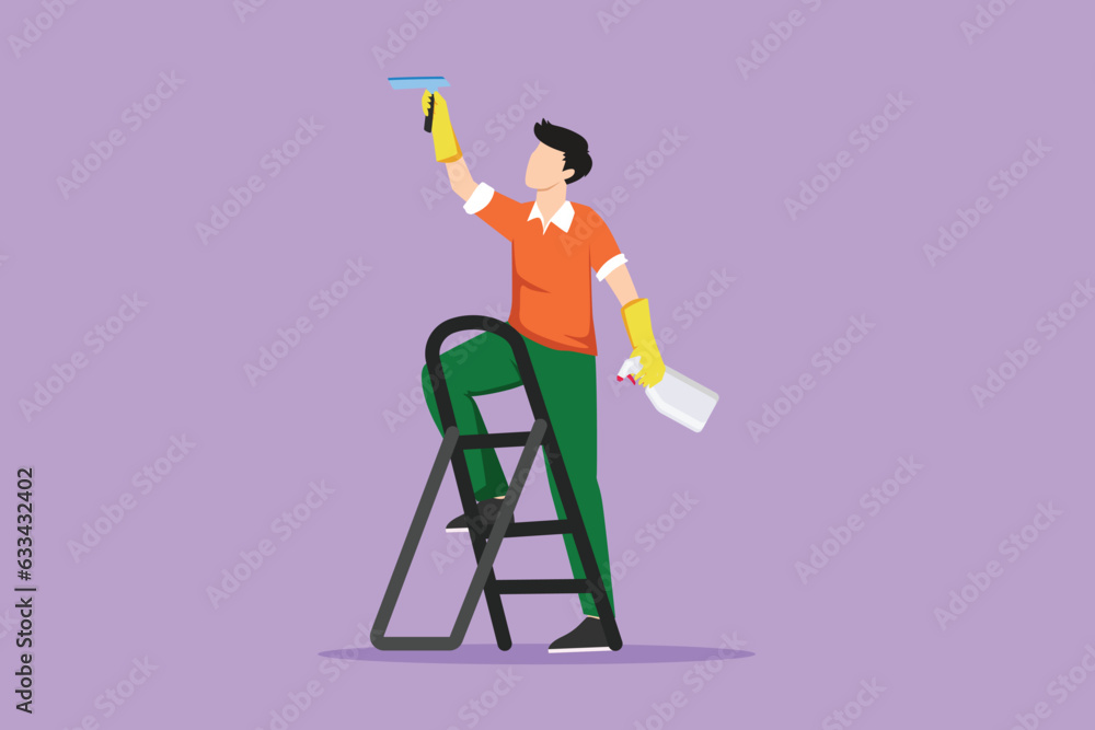 Cartoon flat style drawing man cleaner standing on ladder, washing with ...