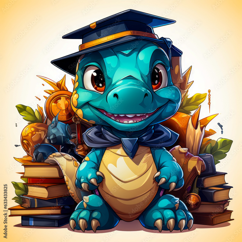Cartoon turtle wearing graduation hat sitting on pile of books. Stock ...