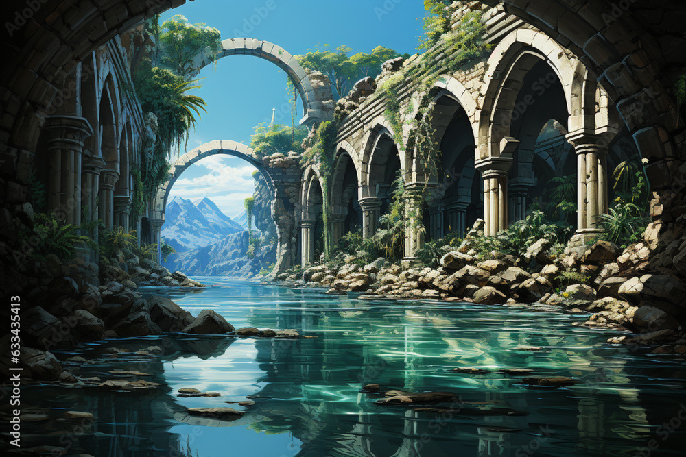 A view of historical ruins set against a mainland backdrop, reflecting ...