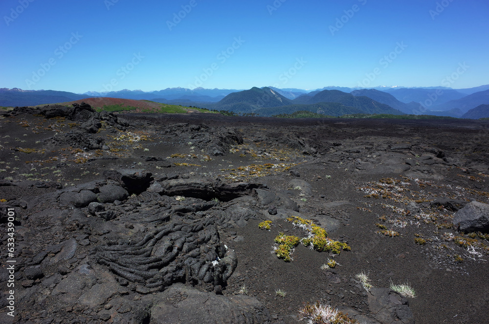Solidified lava plateau on slope of Villarrica volcano in Villarrica ...