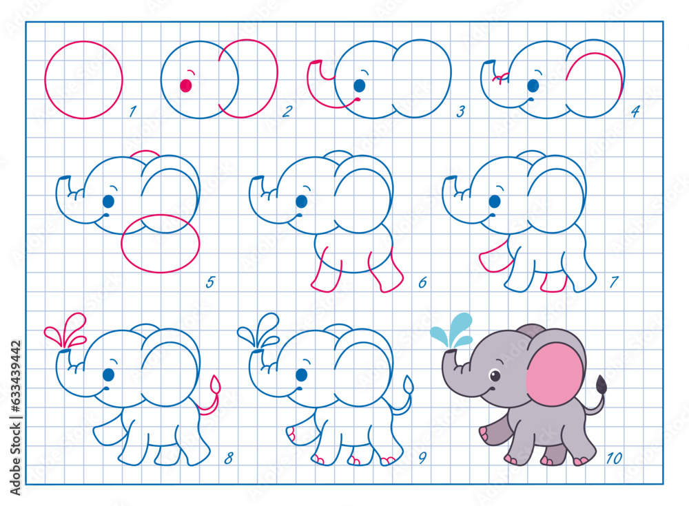 How to Draw Elephant, Step by Step Lesson for Kids cartoon vector ...