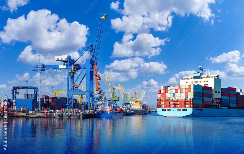 Ship in seaport. Sea vessel with containers on board. Cargo harbor with ...
