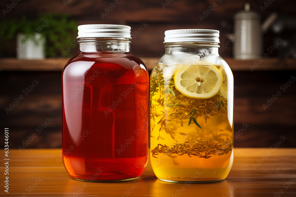 kombucha with lemon in a jar on the window. useful drink lactic acid ...