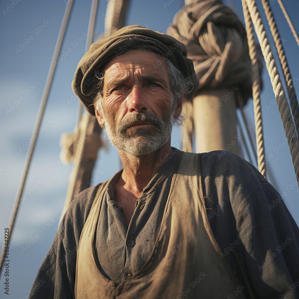 Fisherman on a boat in the middle of the sea, a man who is also a three ...