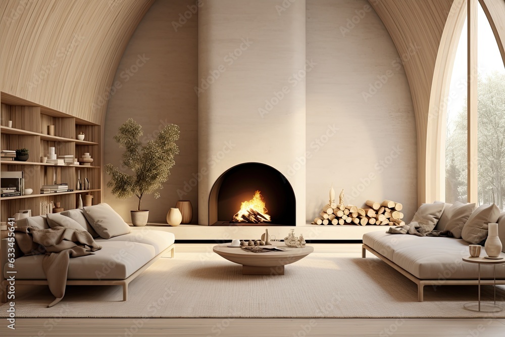 Skandi interior with beige living room, wood materials, arch window ...