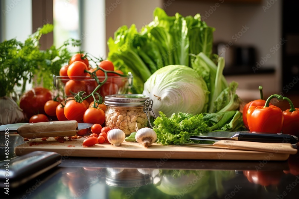 Fresh vegetables are placed on a kitchen table, ready to be cooked. The ...
