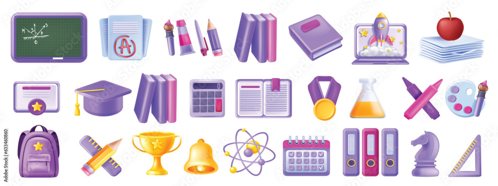 3D back to school icon set, education graduate vector object kit ...