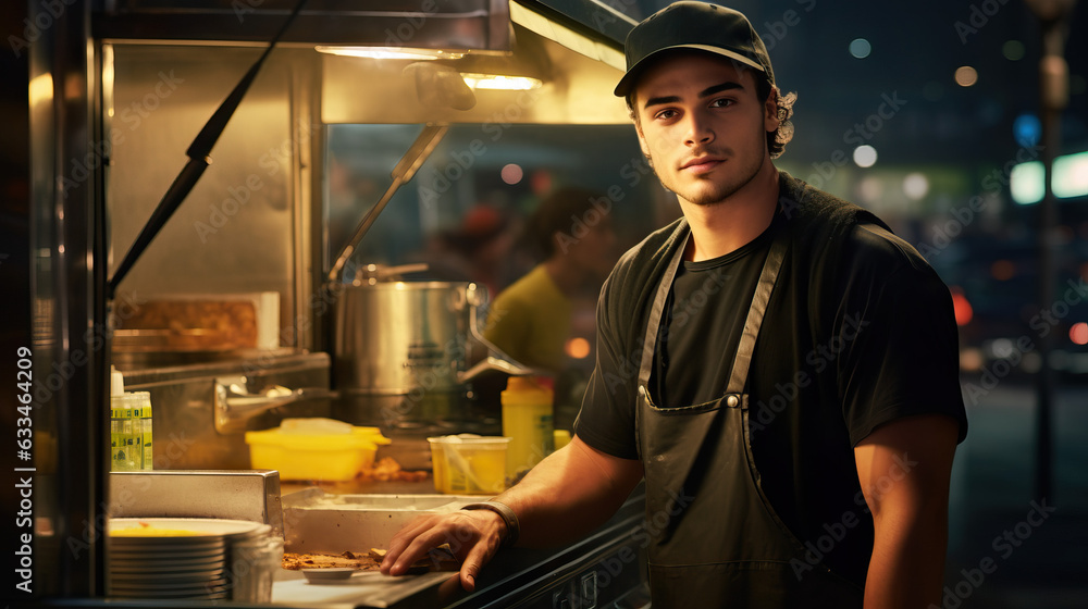 Young street food vendor on streets of new york city . concept of Urban ...