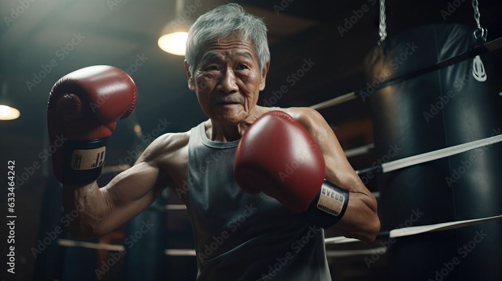 Asian Older Man With Boxing Gloves in the Ring of a Training Gym ...