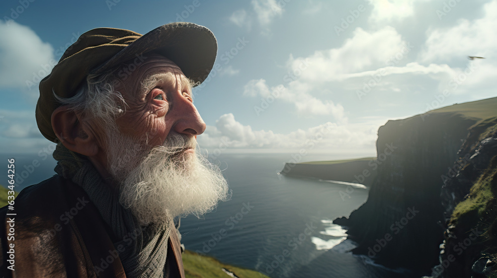 Older Grandfather Man Standing on Edge of the Cliffs of Moher Cliff In ...