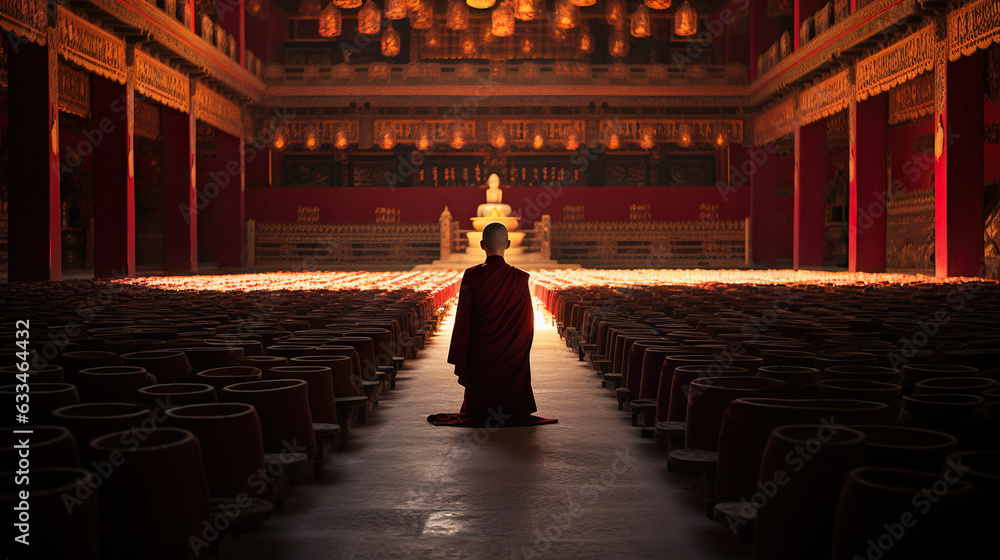 Buddhist Monk Wearing Red Robes Kneeling Before Statue in Big Temple of ...