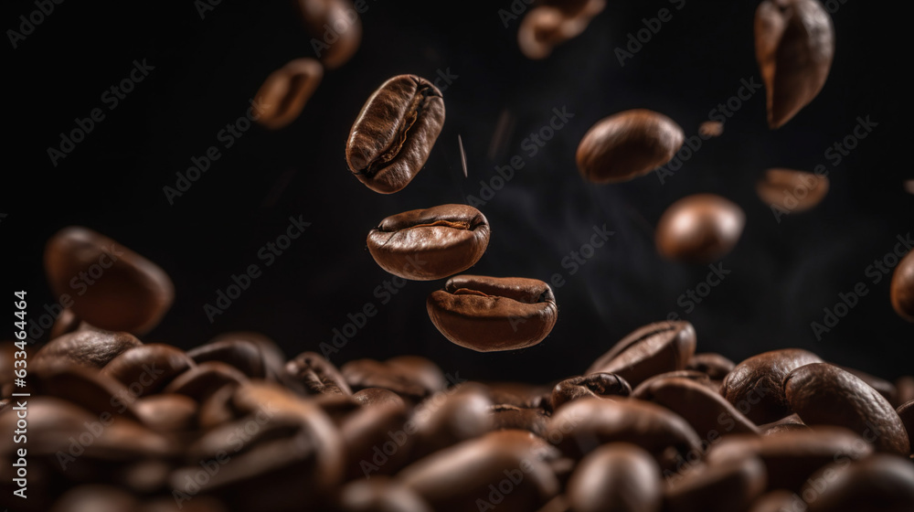 Coffee Beans Falling Into Pile Steam and Black Background. Concept of ...