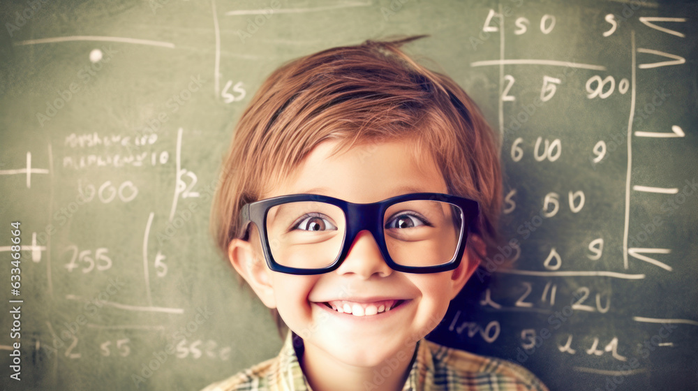 Curious smart boy in glasses against classroom whiteboard with math ...