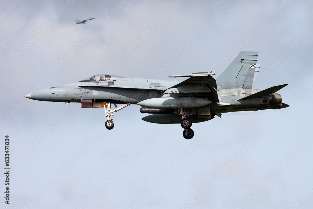 Military fighter jet plane at air base. Airport and airfield. Air force ...