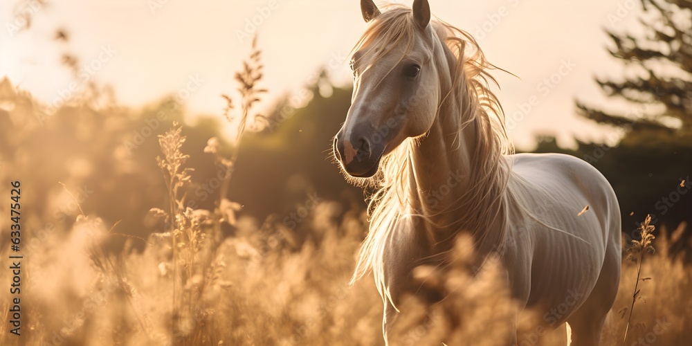 Portrait of beautiful white Arabian horse on a natural green farm ...