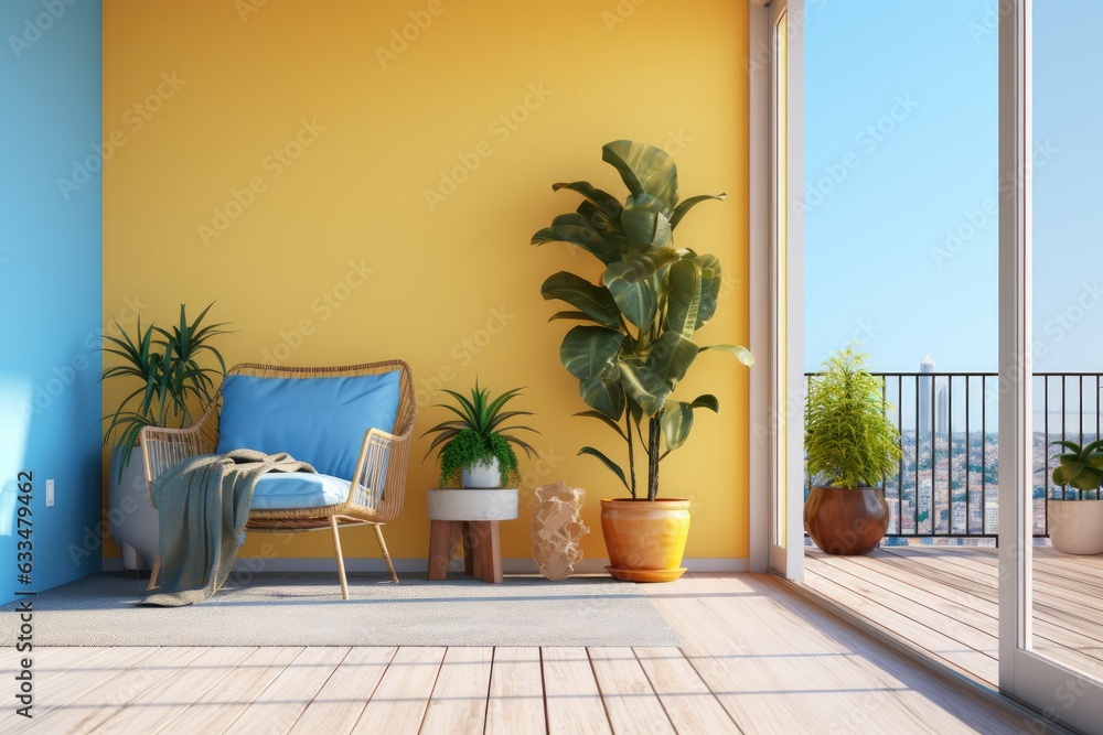 A modern mustard yellow apartment with a bright blue folding door frame ...